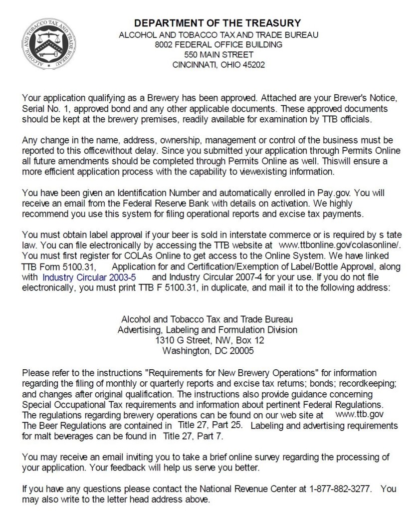TTB approval letter – Imperial Oak Brewing